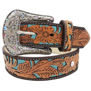 TOPACC Western Belts for Woman Cowgirl Brown Turquoise Cowboy Belt Bling Floral Rodeo Belt for Jeans Gilrs Country Concert Outfit