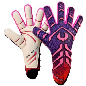 renegade gk apex flare 2.0 professional strapless goalie gloves | 4mm ext contact grip | blue & pink soccer goalkeeper gloves (size 10, adult, evo negative cut, level 5.5)