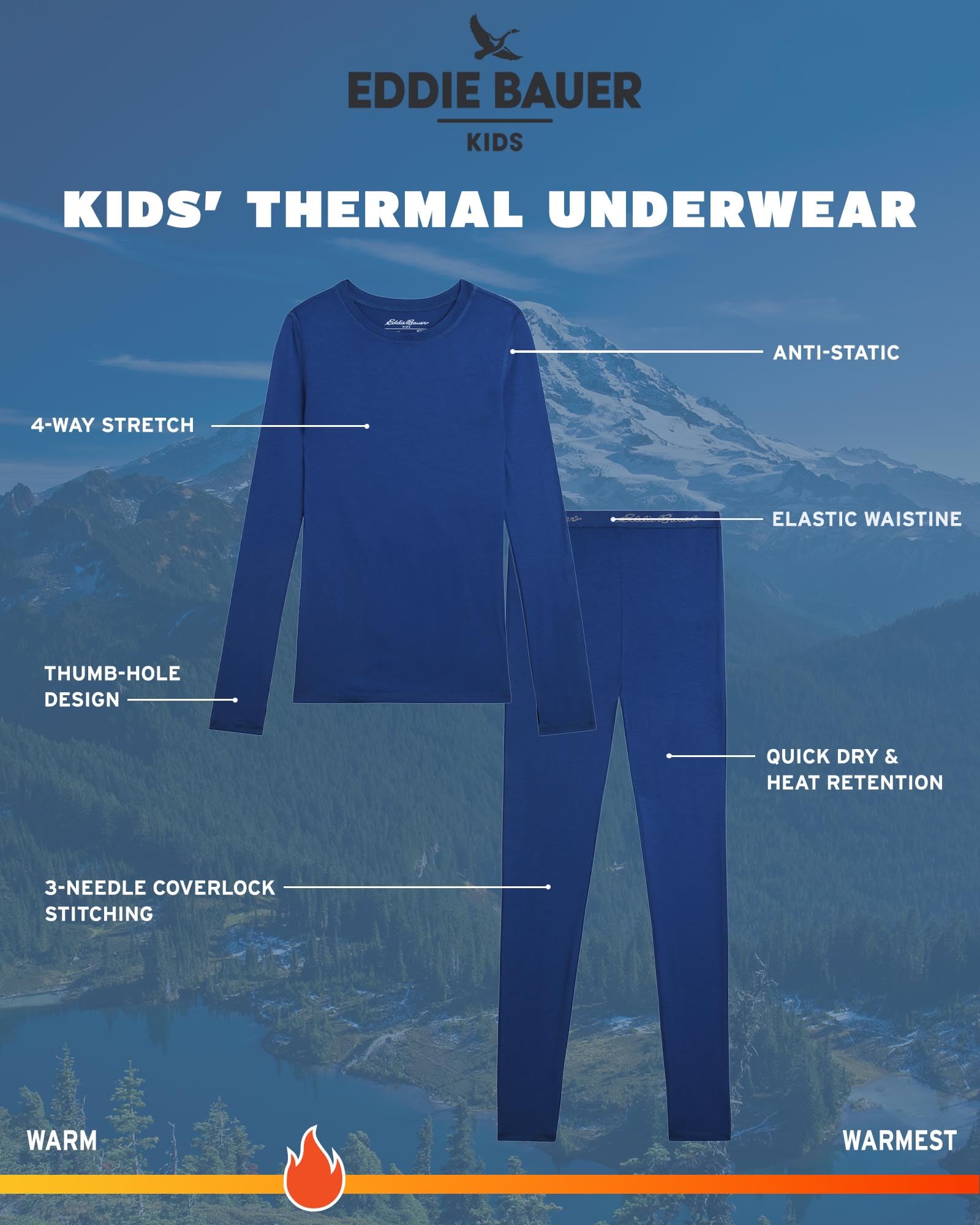 Eddie Bauer Thermal Underwear For Kids - 2 Piece Performance Base Layer Underwear Set For Boys and Girls (5-16), Size 10-12, Nautical Blue