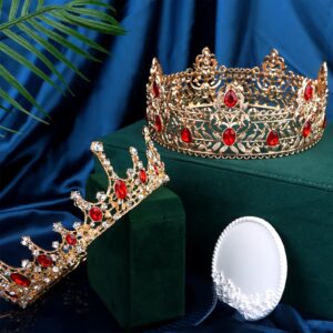 2 Pieces Prom King and Queen Crown Set King Crowns for Men Royal Crown with Red Rhinestone Crystal Crowns for Men Women Princess Crown Tiara Costume Headwear for Wedding Birthday Party Costume