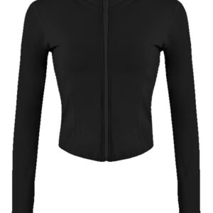 Hvewarm Women's Cropped Athletic Bbl Jacket Seamless High Low Hem Zipper Thumbhole Workout Sportwear(ABlack-L)