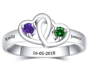 personalized birthstone rings with 2 name for couples 925 sterling silver mothers ring 2 birthstones custom heart name ring for couple women sisters engraved name rings for birthday wedding