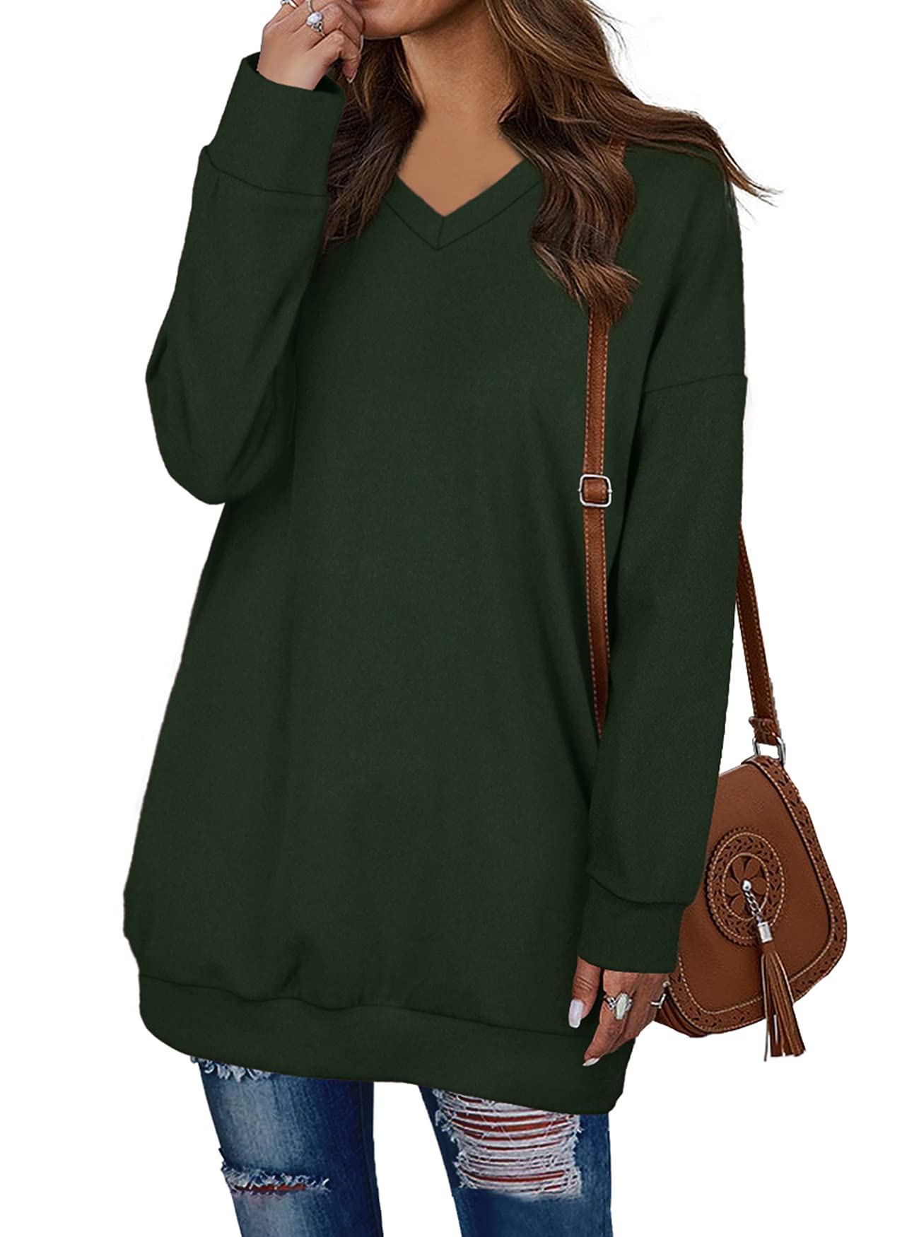 OFEEFAN Sweatshirts for Women Plus Size Long Sleeve Thermal Green Tunic Tops 3XL