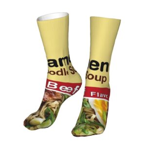 Instant Ramen Noodle Soup Beef Unisex Novelty Mid-Calf Boot Socks Fashion Breathable Dress Crew Socks Funny Sock