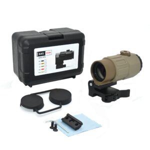 G45 5X Magnifier, Holographic Sight Multiplier Mirror, 5X Mirror Magnifying Glass, Side Foldable Flip Adjustment, with Switch to Side Quick Detachable QD Mount (Tan)