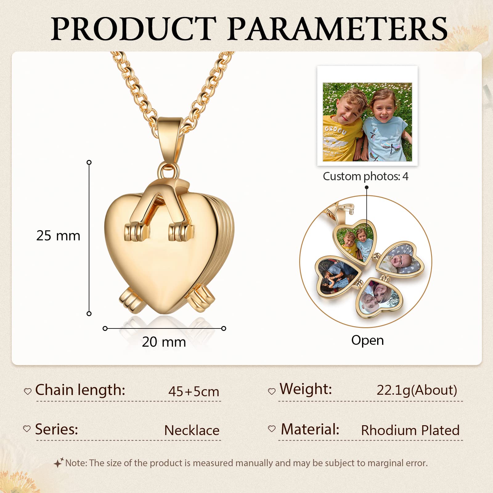 Nobelook Personalized Love Heart Locket Necklace That Holds 4 Photos Customizable Pendant Charms For Women Gold Plated Vintage Necklace for Mother Christmas Birthday Gift Chain Length 31.49" Adjustable (Gold - 4 photos)