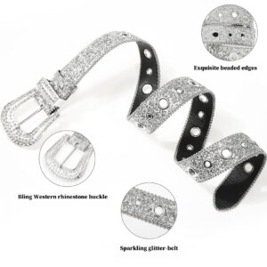 Kajeer Rhinestone Belt for Men Women, Vintage Cowgirl Diamond Bling Belts for Jeans(Silver, Medium)