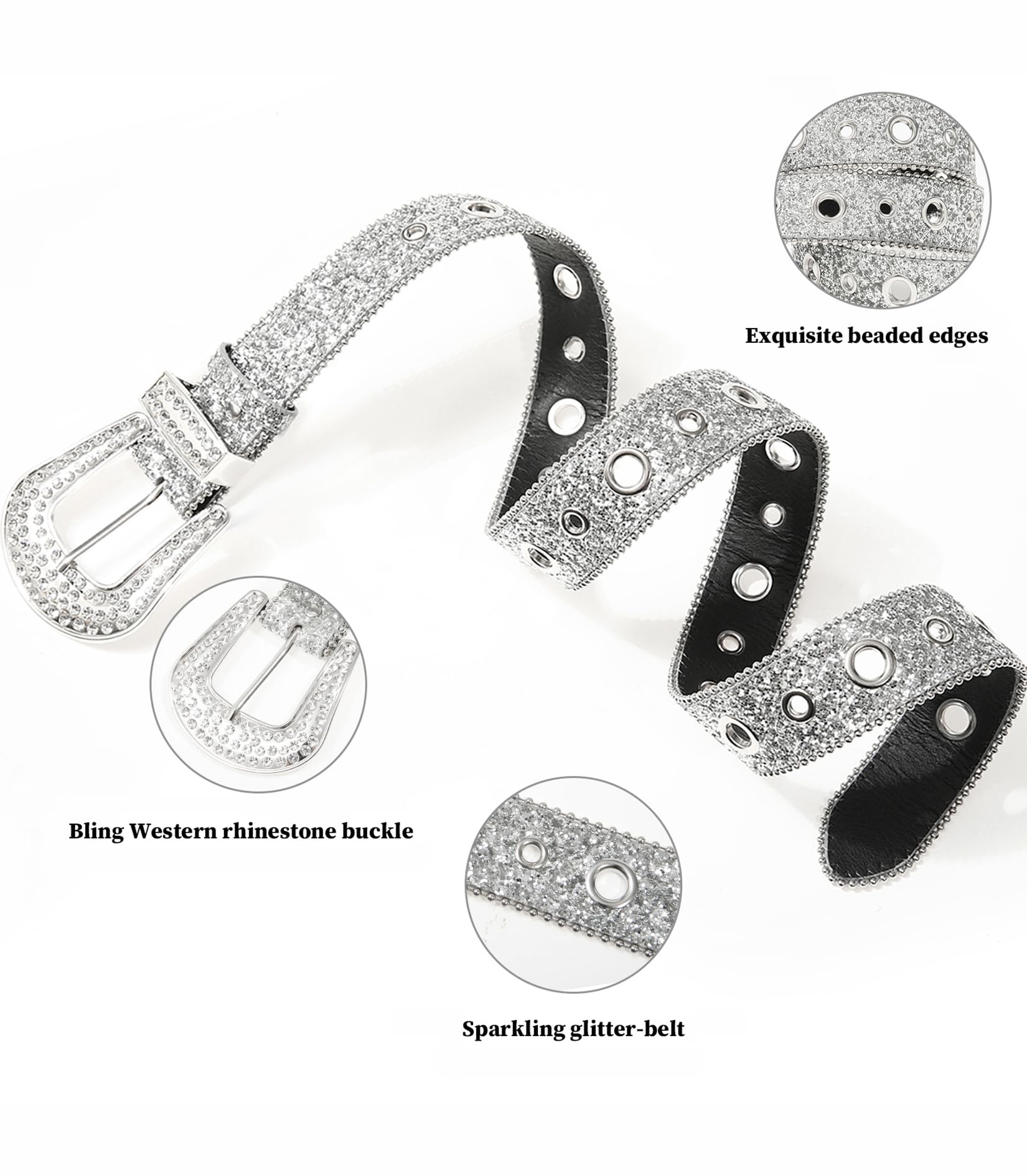 Kajeer Rhinestone Belt for Men Women, Vintage Cowgirl Diamond Bling Belts for Jeans(Silver, Medium)