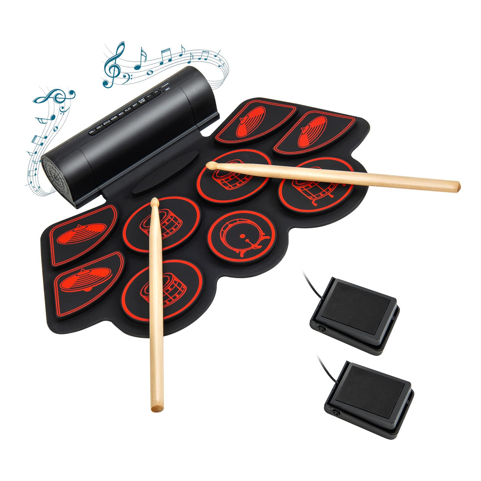 Costzon Electronic Drum Set, 9-Pad Digital Drum Kit w/ 2 Stereo Speakers, Drum Sticks, Foot Pedals, USB & Audio Cable, Headphone Jack, Portable Roll-up Drum Pad, Ideal Gift for Kids Adults (Red)