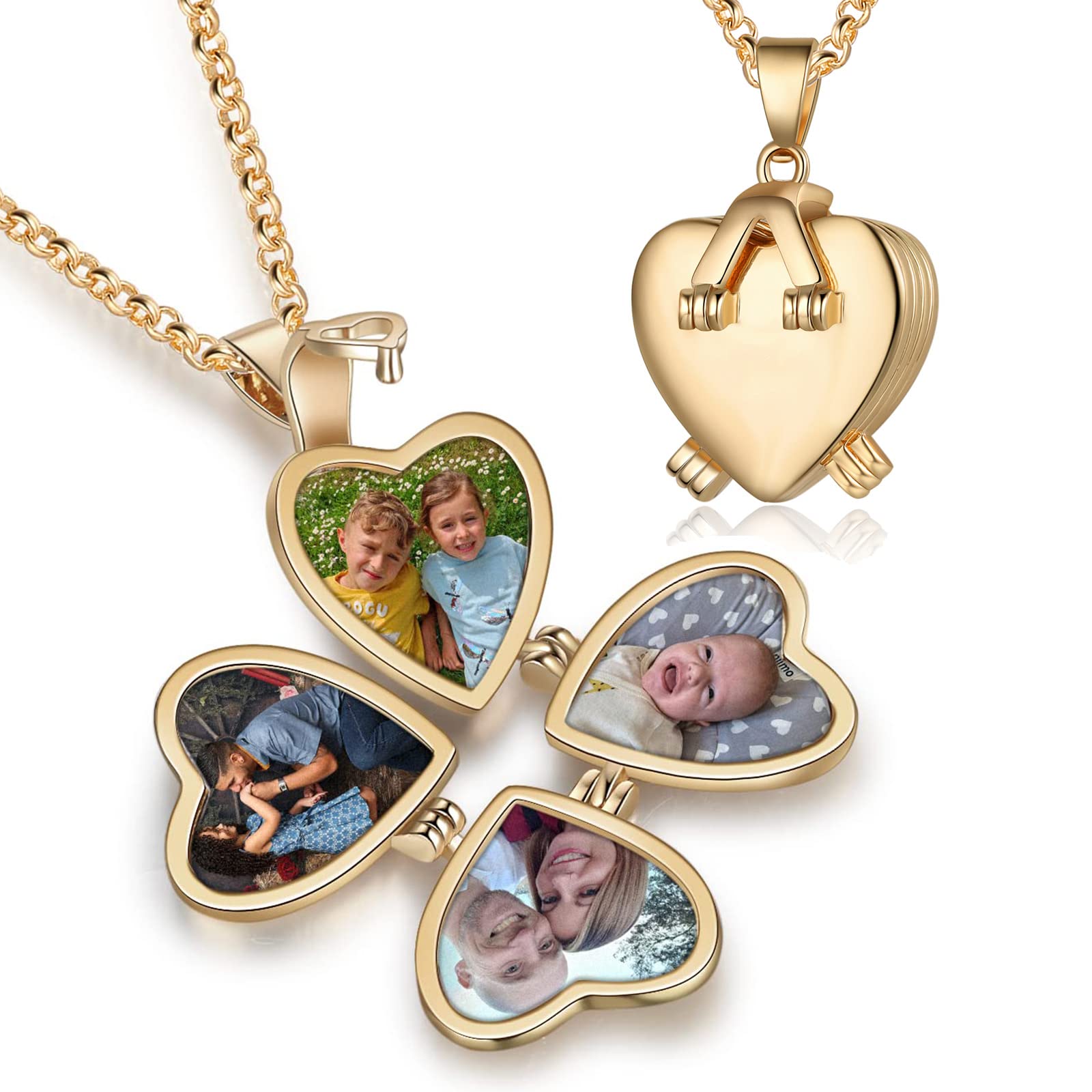 Nobelook Personalized Love Heart Locket Necklace That Holds 4 Photos Customizable Pendant Charms For Women Gold Plated Vintage Necklace for Mother Christmas Birthday Gift Chain Length 31.49" Adjustable (Gold - 4 photos)