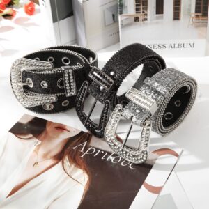 Kajeer Rhinestone Belt for Men Women, Vintage Cowgirl Diamond Bling Belts for Jeans(Silver, Medium)