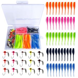 uperuper 65pcs crappie jigs lure kit, 2 inch crappie bait with fishing jig heads hooks for saltwater freshwater bass trout