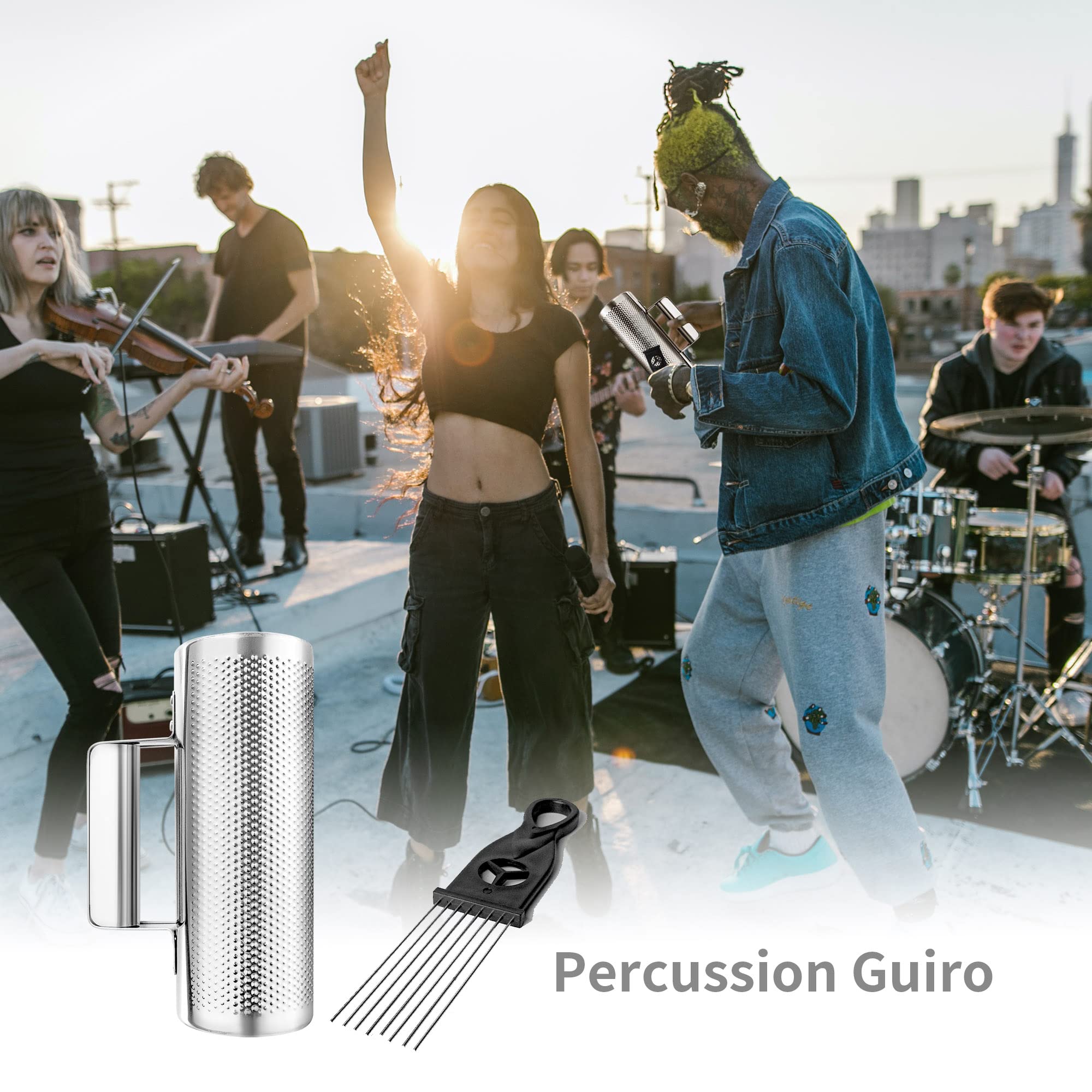 KEJJNYER 8 inch x 3 inch Stainless Steel Guiro Instrument Shaker, Guiro Shaker with Scraper Musical Instrument, Round Cylinder Latin Percussion Instruments Musical Training Tool Set