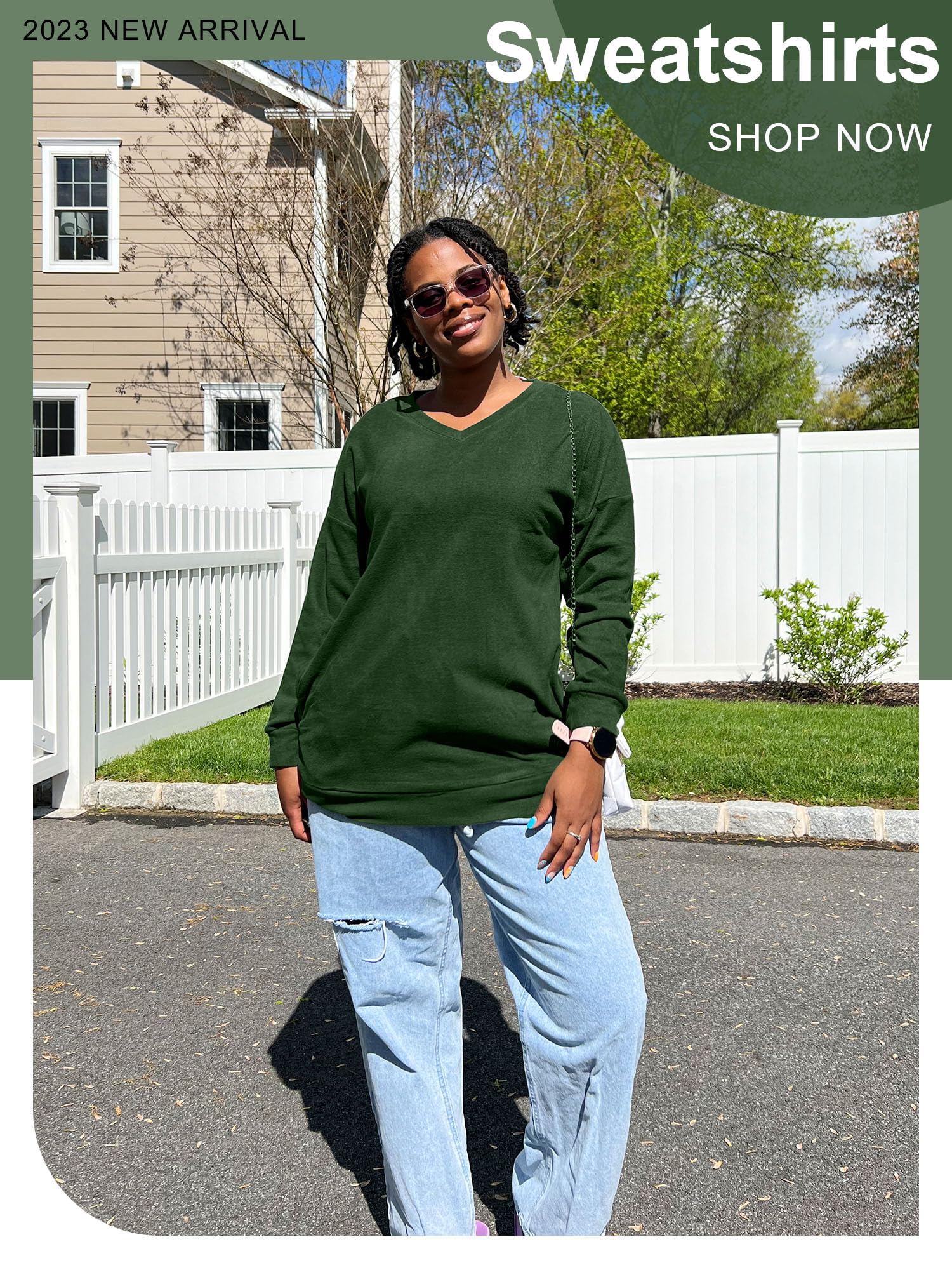 OFEEFAN Sweatshirts for Women Plus Size Long Sleeve Thermal Green Tunic Tops 3XL