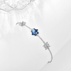 Dreamboat Snowflake Bracelet Sterling Silver Winter Snowflake Bracelets Blue Crystal Birthstone Adjustable Link Bracelet Snowflake Jewlery Holiday Gifts for Women Wrist 7-9 inches