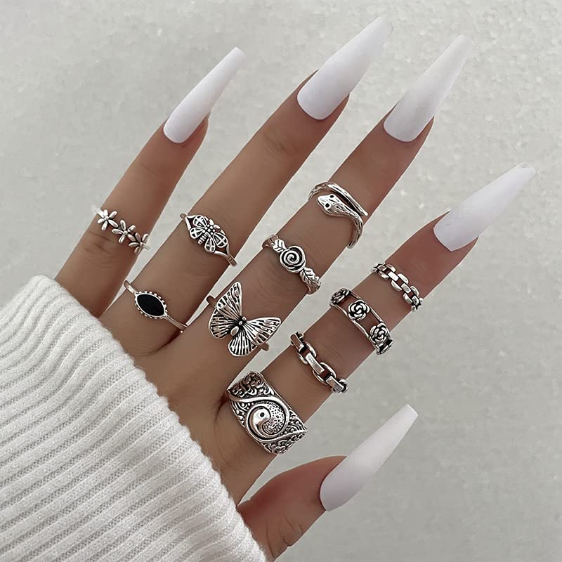 INENIMARTJ Silver Knuckle Stackable Rings Set for Women Multiple Stackable Snake Butterfly Heart Flowers Yin Yang Joint Finger Rings, Vintage Stack Midi Rings Set (A)