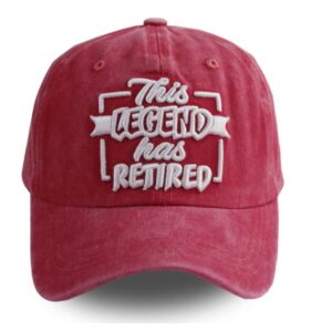 funny retirement gifts for men and women, this legend has retired baseball cap, adjustable embroidered vintage cotton denim hats for dad, mom, grandma, grandpa 3dred