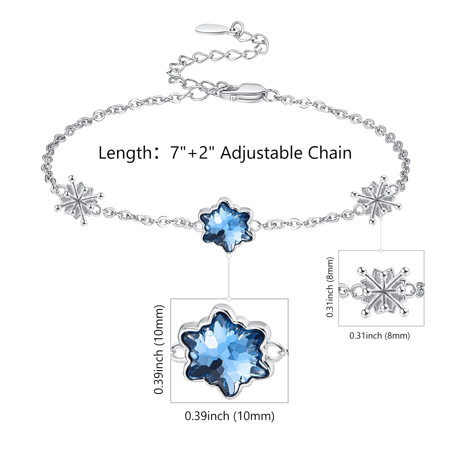 Dreamboat Snowflake Bracelet Sterling Silver Winter Snowflake Bracelets Blue Crystal Birthstone Adjustable Link Bracelet Snowflake Jewlery Holiday Gifts for Women Wrist 7-9 inches