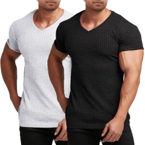 coofandy men's 2 pack muscle t shirts stretch short sleeve v neck bodybuilding workout tee shirts