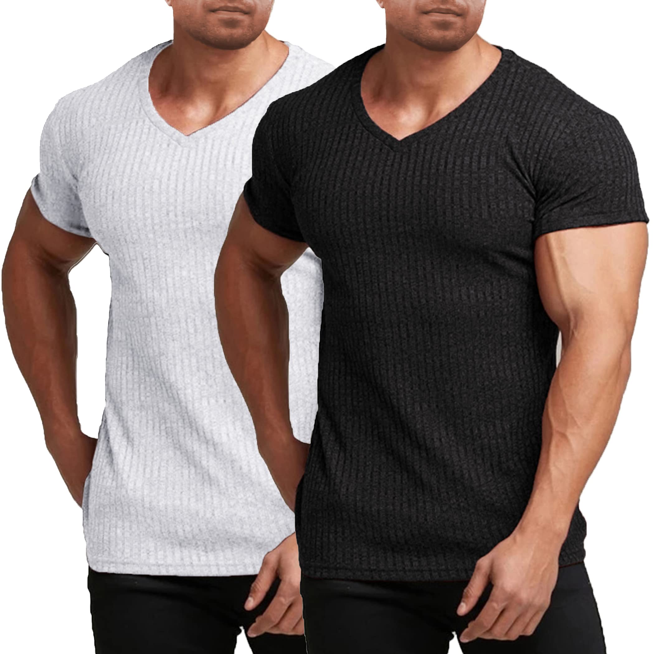 COOFANDY Men's 2 Pack Muscle T Shirts Stretch Short Sleeve V Neck Bodybuilding Workout Tee Shirts