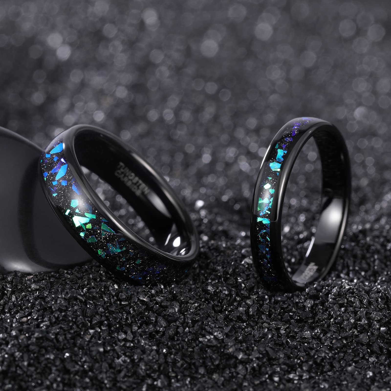 TRUMIUM 4mm Black Tungsten Rings for Men Women Wedding Bands Galaxy Opal Sandstone Inlay Beveled Edges Comfort Fit Size 11.5