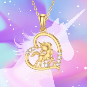 MOTIEL 14K Unicorn Heart Necklace for Women Dainty Real Gold Heart Pendant Necklace with Moissanite Jewelry Gift Yellow Gold Necklace