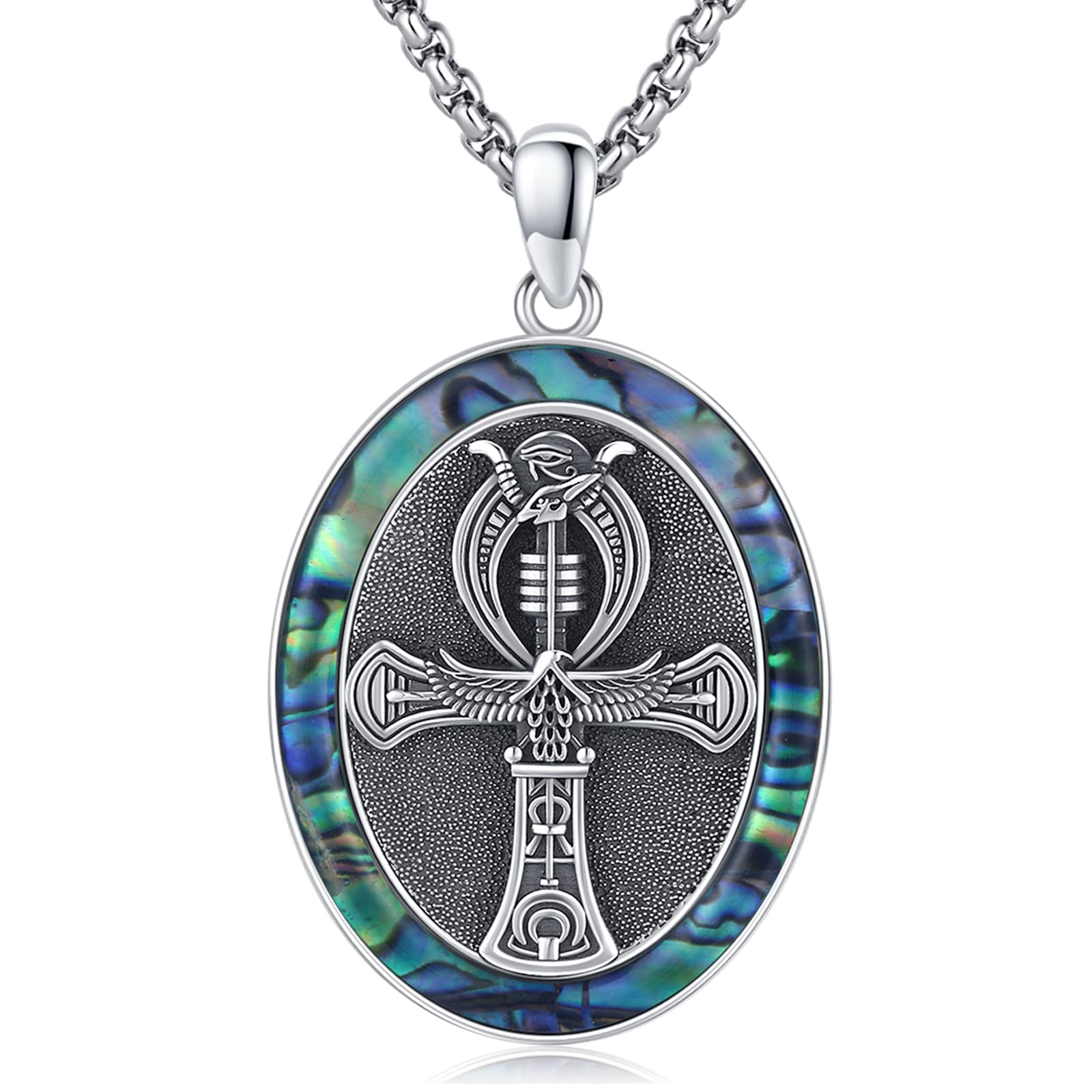 StoryEtain Ankh Necklace Sterling Silver Egyptian Eye of Horus Ankh Cross Pendant Necklace Oval Abalone Shell Ancient Egyptian Horus Bird Symbol of Protection Jewelry for Men Women