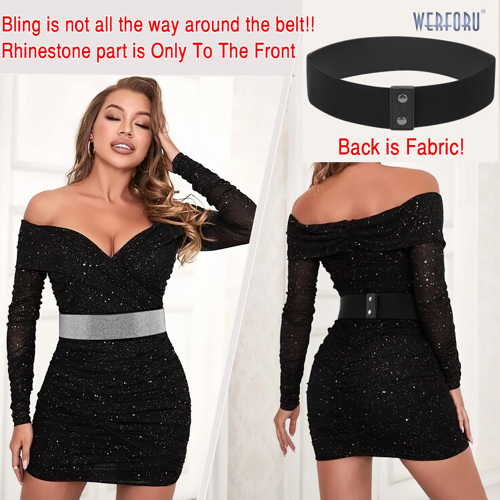 WERFORU Women Rhinestone Wide Crystal Elastic Dress Belt Bling Sparkle Stretch Shiny Party Waist Belt