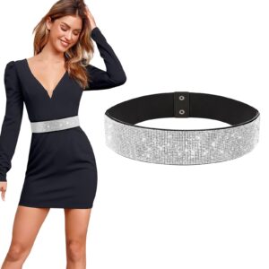 werforu women rhinestone wide crystal elastic dress belt bling sparkle stretch shiny party waist belt