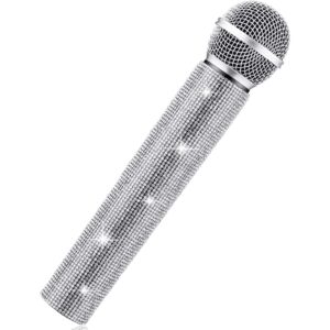 sanwuta fake microphone prop halloween microphone sparkly bling rhinestones plastic play microphone pretend glitter bedazzled microphones for halloween cosplay party supplies(silver)