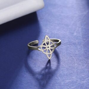 kkjoy Witches Knot Ring Stainless Steel Magic Knot Pagan Wiccan Symbol 4-Pointed Celtic Knot Witchcraft Adjustable Open Finger Rings for Women