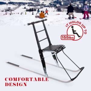 Tree Nest Foldable Snow Sled Portable Ice Fishing Kicksled Wooden Kick Steering Slider W/Solid Wood Seat & Handle Snow Sledge W/Metal Sliding Rail for Toddles, Kids, Teens