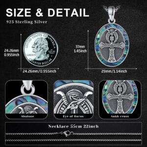 StoryEtain Ankh Necklace Sterling Silver Egyptian Eye of Horus Ankh Cross Pendant Necklace Oval Abalone Shell Ancient Egyptian Horus Bird Symbol of Protection Jewelry for Men Women