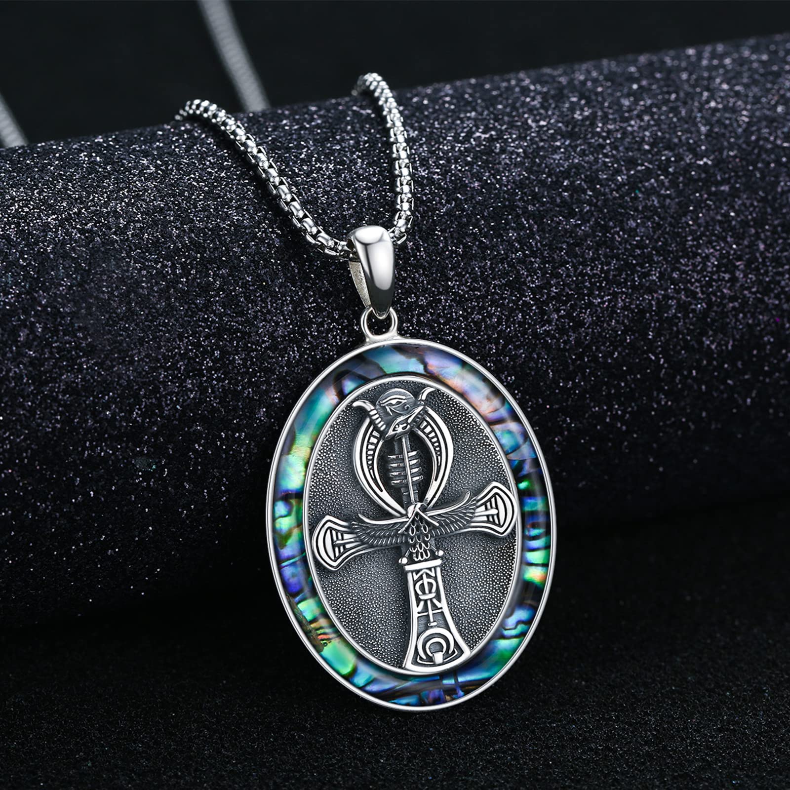 StoryEtain Ankh Necklace Sterling Silver Egyptian Eye of Horus Ankh Cross Pendant Necklace Oval Abalone Shell Ancient Egyptian Horus Bird Symbol of Protection Jewelry for Men Women