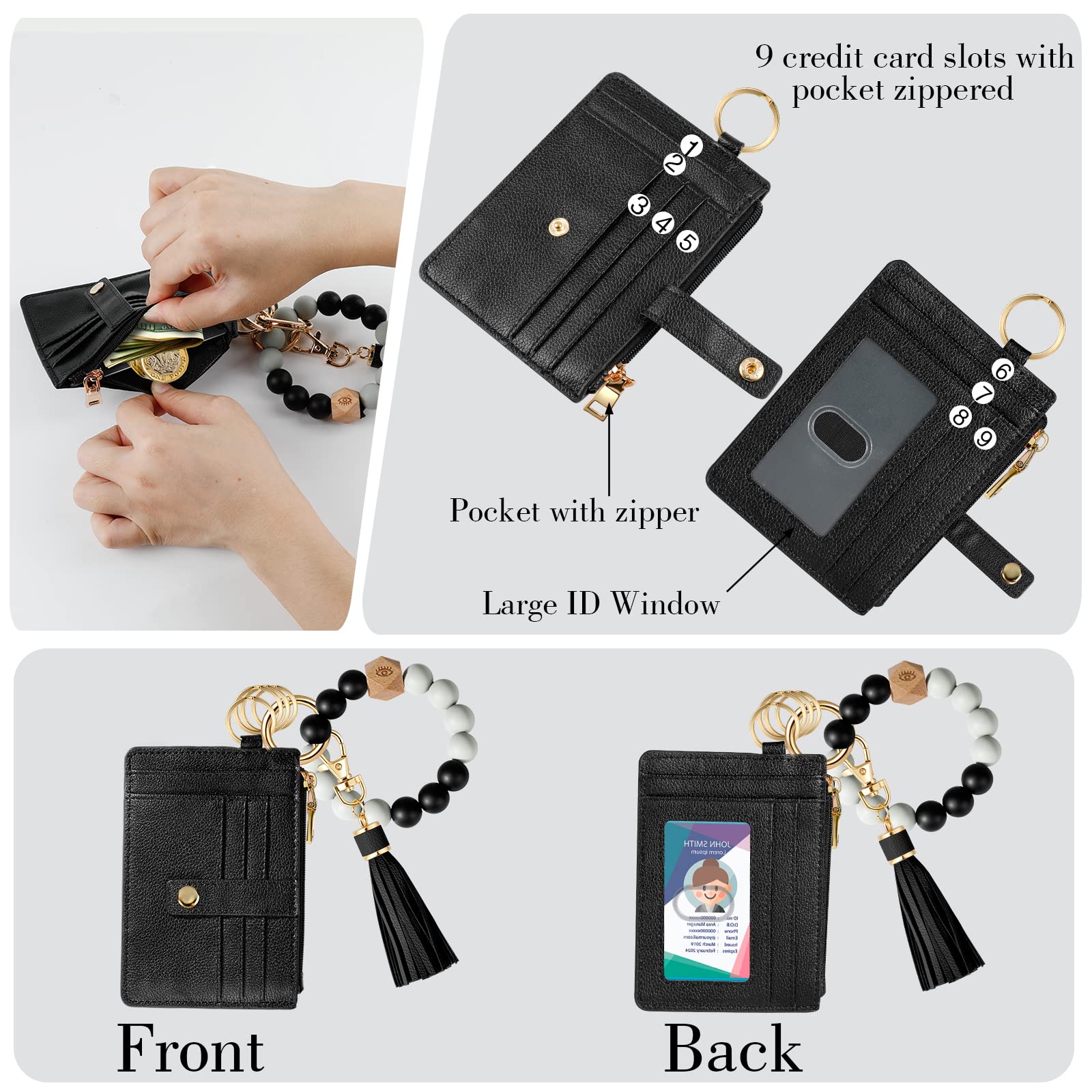 Hicdaw Wristlet Keychain Bracelet Wallet Keyring with Gift Box Silicone Bead Bangle 9 slots Card Holder Key Chains for Women (Black)