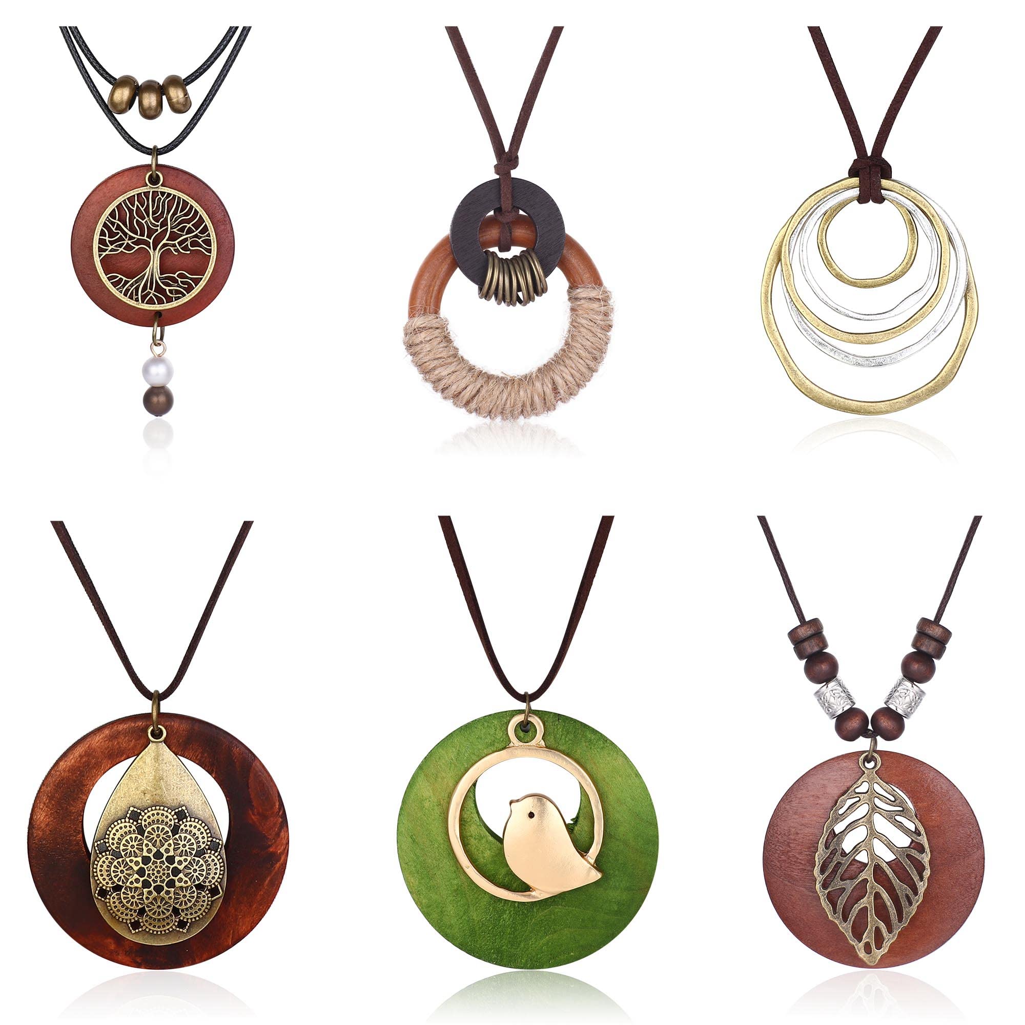 Fansilver 6Pcs Long Wooden Pendant Necklaces for Women Bohemian Sweater Necklace Set Handmade VintageWooden Bird Leaf Tree Layered Pendant Necklace Brown Y Necklace Fashion Hippie Jewelry