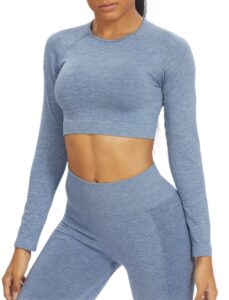 women's yoga gym crop top compression workout athletic long sleeve shirt l