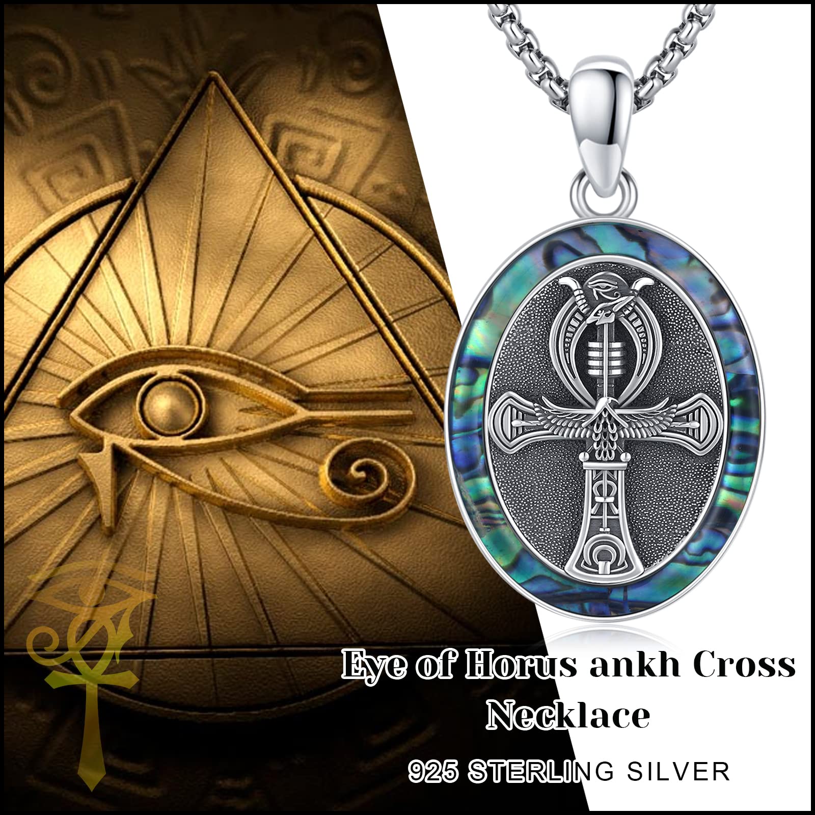 StoryEtain Ankh Necklace Sterling Silver Egyptian Eye of Horus Ankh Cross Pendant Necklace Oval Abalone Shell Ancient Egyptian Horus Bird Symbol of Protection Jewelry for Men Women