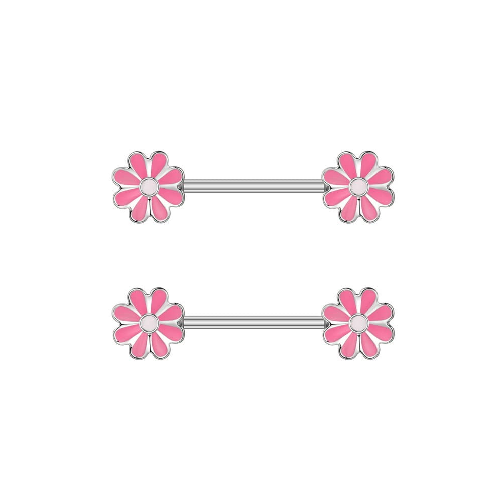 Fashion 14G Daisy Flower Nipple Rings for Women Stainless Steel Flower Nipple Tongue Ring Barbell Nipplerings Belly Nipple Piercing Sexy Body Piercing Jewelry Gifts (Pink)