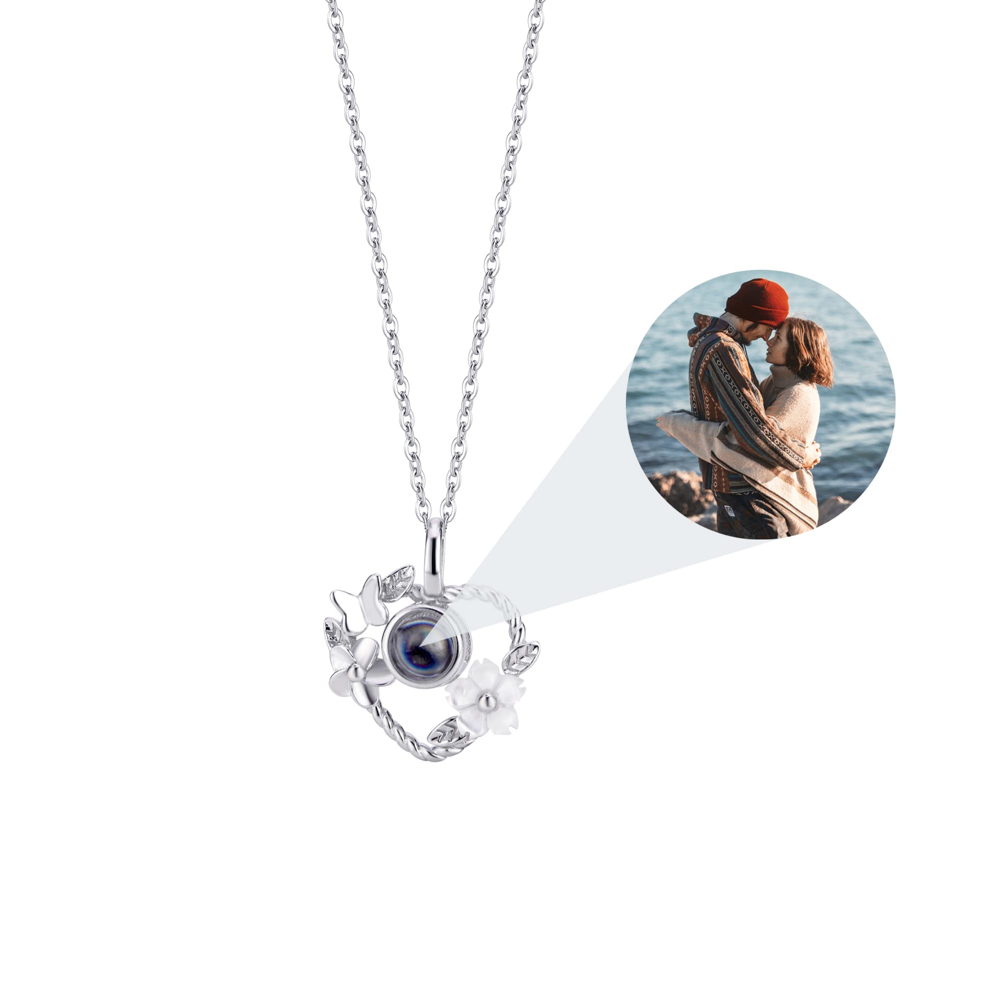 JKUHA Heart Necklace with Picture Inside, Picture Necklace Personalized Photo, Photo Projection Necklace 925 Sterling Silver Customized Memorial Necklace Pendant Birthday for Women