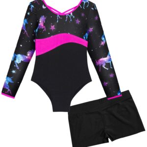 YONGHS Kids Girls Long Sleeve Ballet Dance Leotard with Workout Shorts Gymnastics Unitard Dancewear Night Pegasus 6 Years