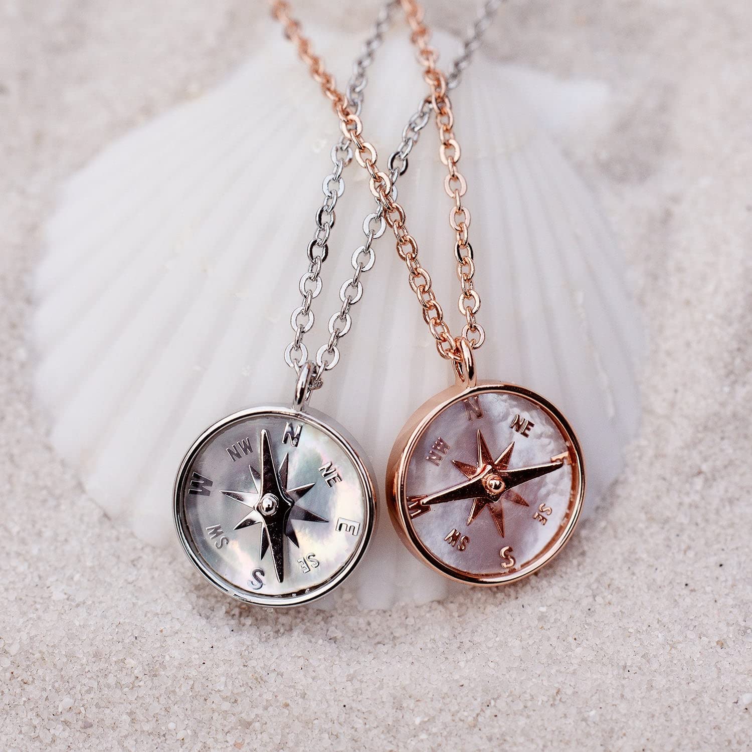 Pura Vida 18" Silver Compass Pendant Necklace - Handmade Statement Necklace with Mother of Pearl Inlay - Silver Necklace for Women, Long Necklaces, Boho Jewelry for Women - 3" Extender