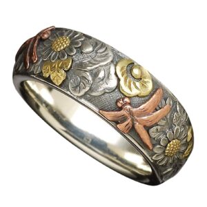 vintage silver and rose gold color carved dragonfly sunflower ring unique metal flower rings women engagement party ring jewelry