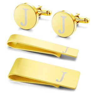 loyallook 4pcs stainless steel engraved initial cufflinks and tie bar money clip set personalized button shirt initials tie clip alphabet letter a-z for best man groom wedding business letter j