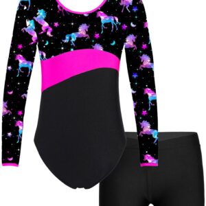 YONGHS Kids Girls Long Sleeve Ballet Dance Leotard with Workout Shorts Gymnastics Unitard Dancewear Night Pegasus 6 Years