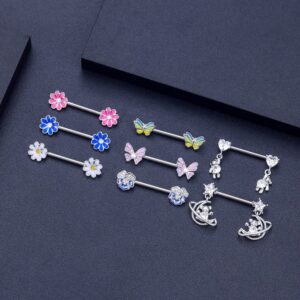 Fashion 14G Daisy Flower Nipple Rings for Women Stainless Steel Flower Nipple Tongue Ring Barbell Nipplerings Belly Nipple Piercing Sexy Body Piercing Jewelry Gifts (Pink)