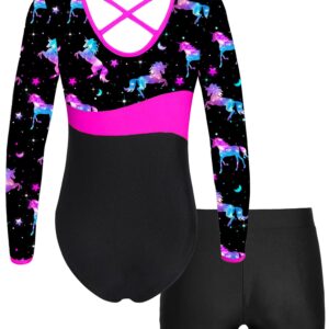 YONGHS Kids Girls Long Sleeve Ballet Dance Leotard with Workout Shorts Gymnastics Unitard Dancewear Night Pegasus 6 Years