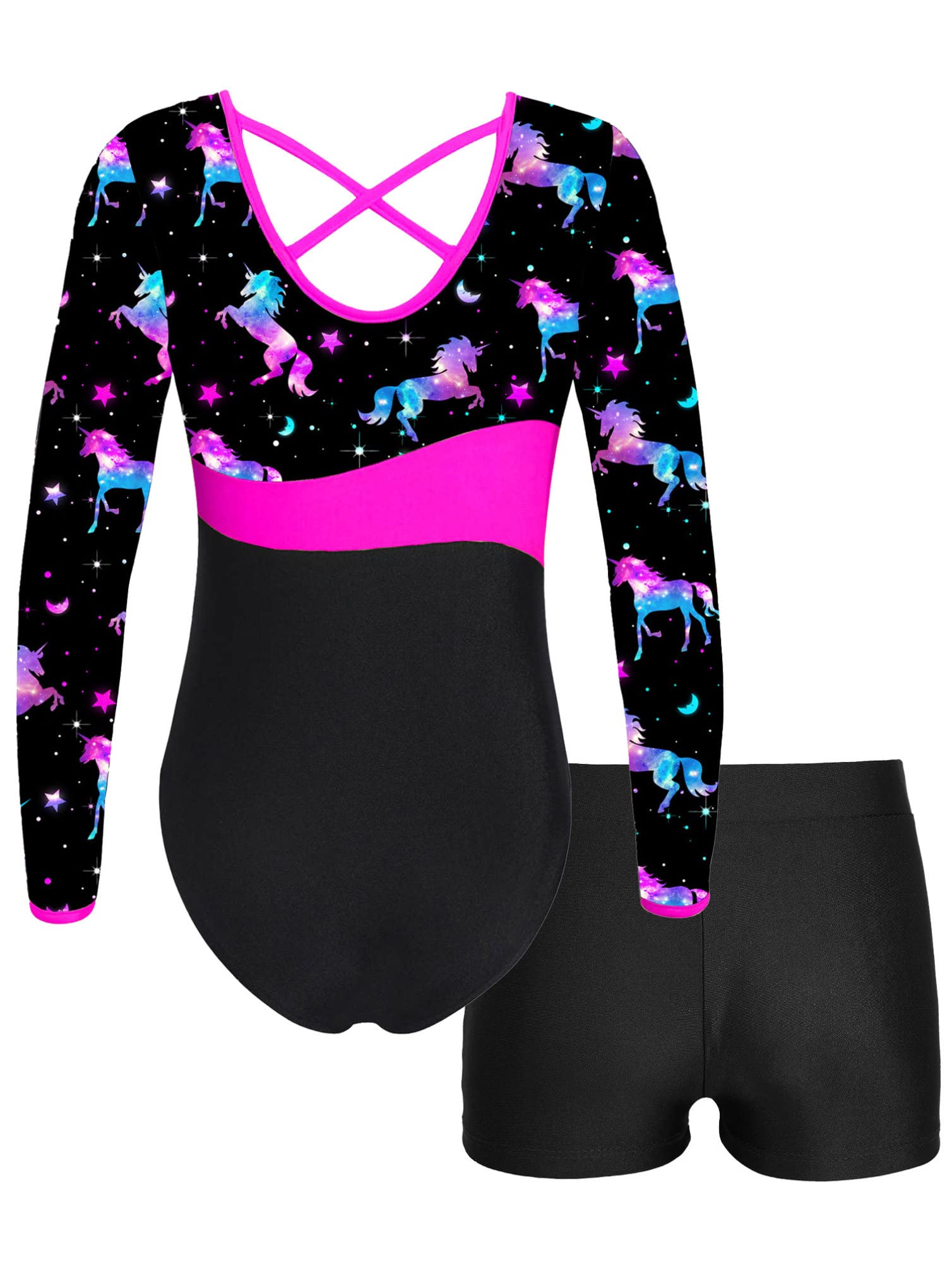 YONGHS Kids Girls Long Sleeve Ballet Dance Leotard with Workout Shorts Gymnastics Unitard Dancewear Night Pegasus 6 Years