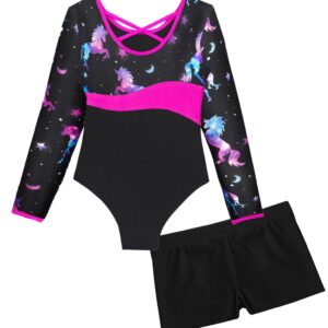 YONGHS Kids Girls Long Sleeve Ballet Dance Leotard with Workout Shorts Gymnastics Unitard Dancewear Night Pegasus 6 Years