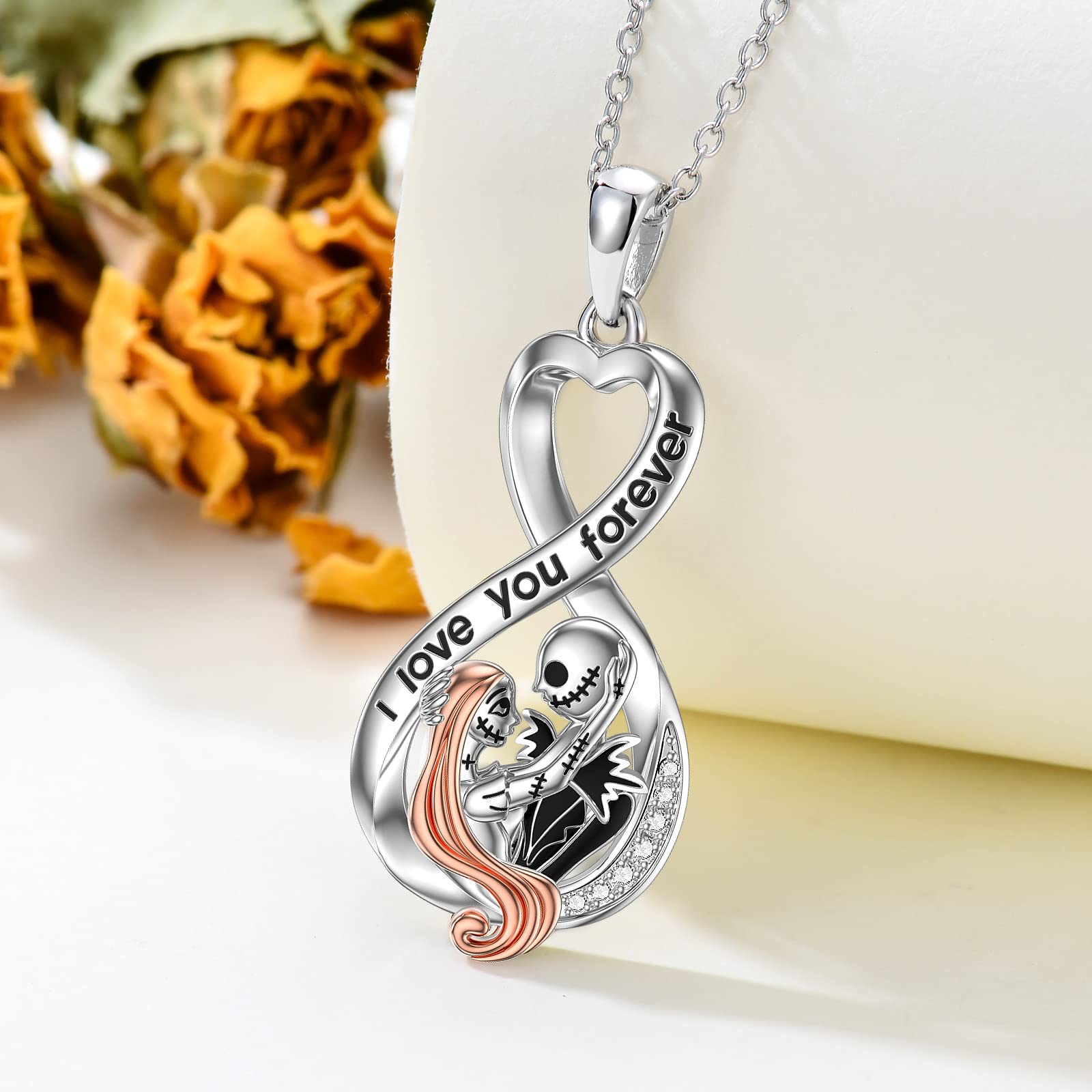 LILALO Sterling Silver Jack And Sally Heart Infinity Pendant I Love You Forever Skull Jewelry Birthday Gifts for Women Wife Girlfriend Daughter Gothic Jewelry Christmas Gifts for Women, Sterling